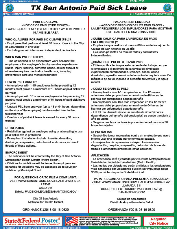 San Antonio, Texas Paid Sick Leave Poster (Bilingual) — State and ...