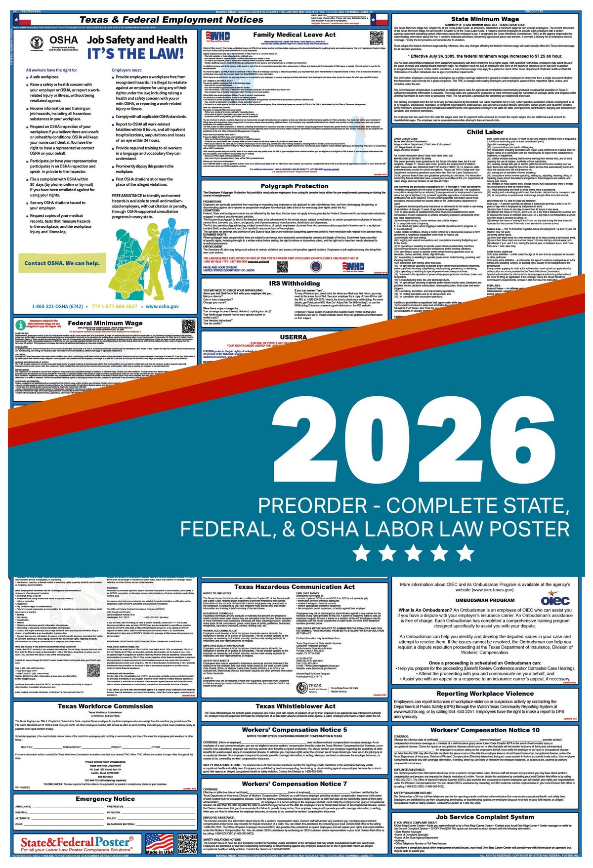 PREORDER - Digital Texas Labor Law Poster 2026 — State and Federal Poster