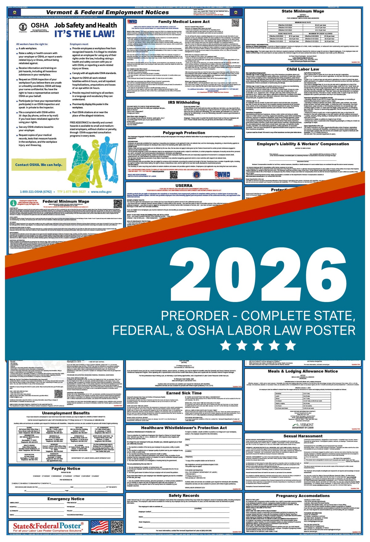 PREORDER - Digital Vermont Labor Law Poster 2026 — State and Federal Poster