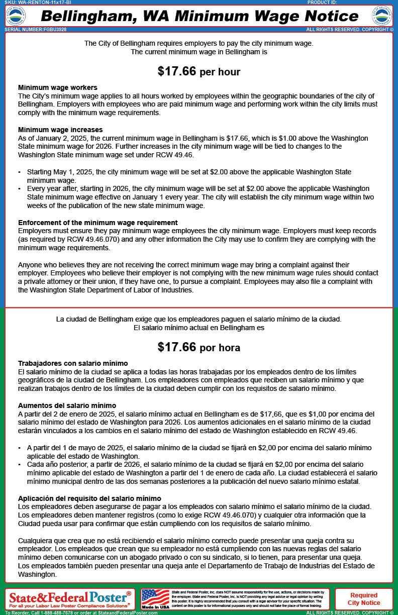 Bellingham, Washington Minimum Wage Poster (Bilingual) — State and ...