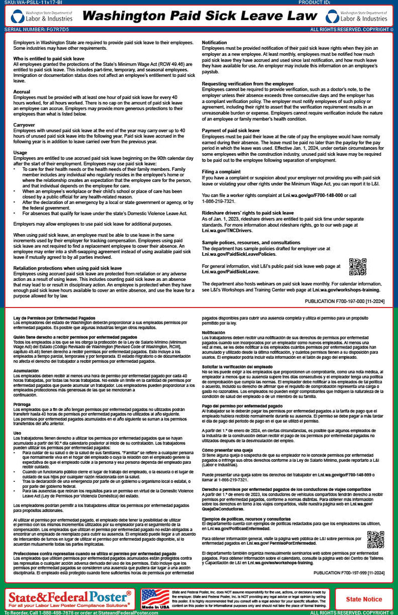 Digital Washington Paid Sick Leave Poster (Bilingual) | State & Federa ...