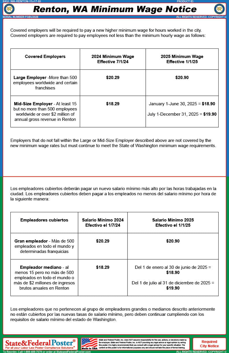Renton, Washington Minimum Wage Notice (Bilingual) — State and Federal ...