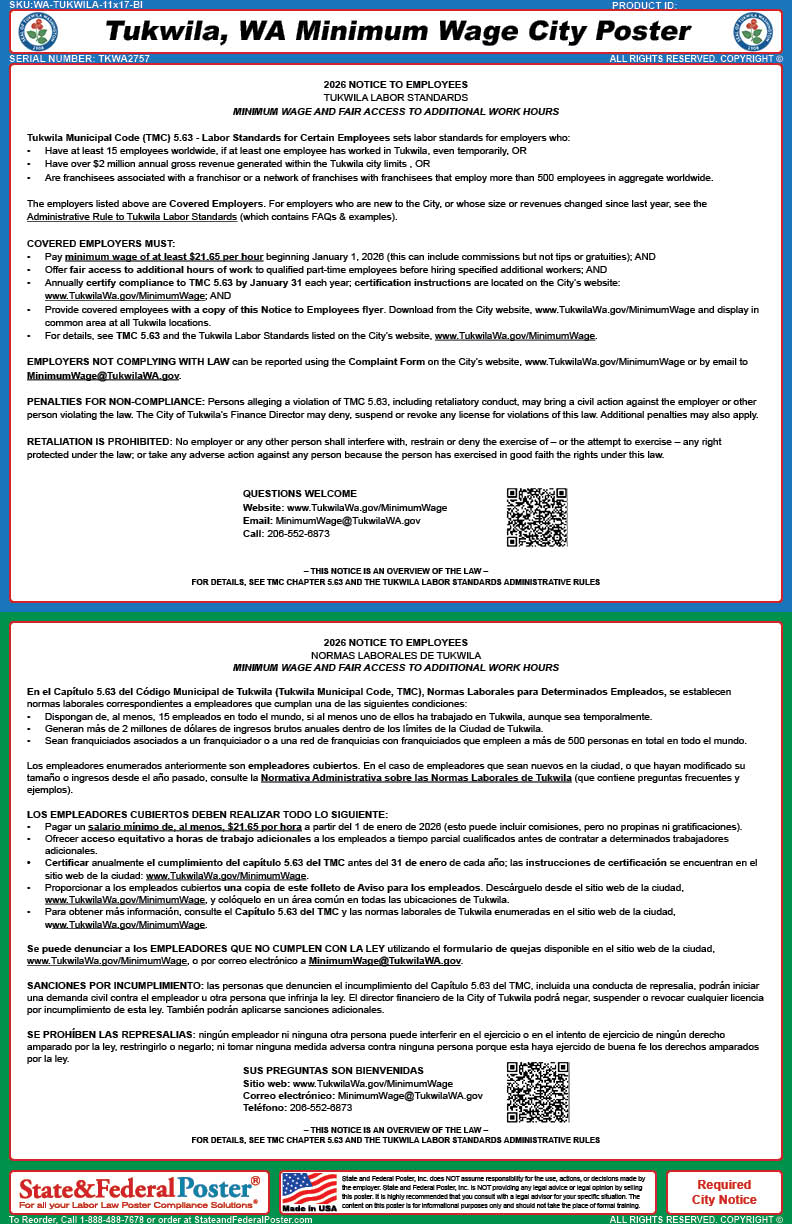 Tukwila, WA Minimum Wage City Poster (Bilingual) — State and Federal Poster