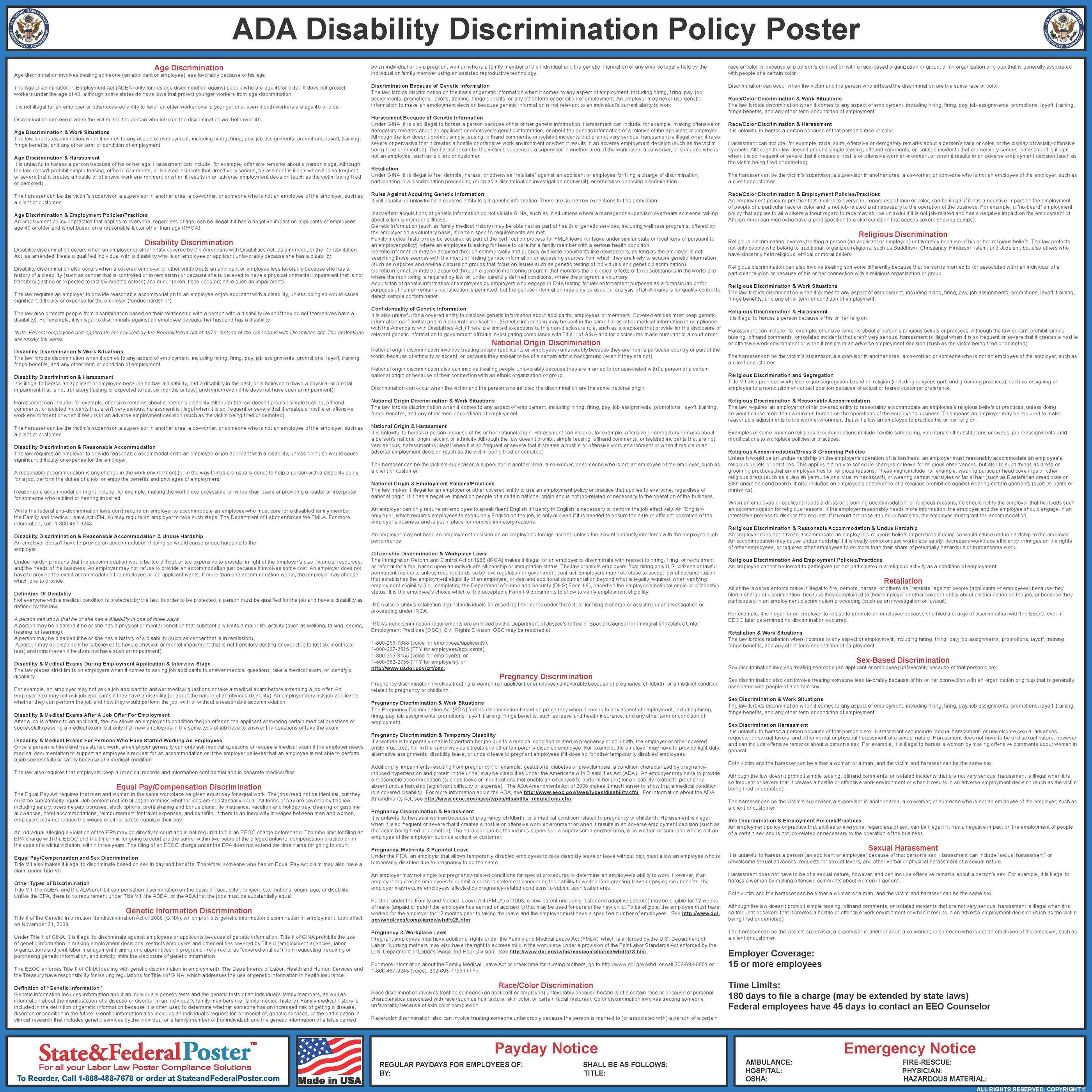 ADA Disability Discrimination Policy Poster (Federal) — State and ...