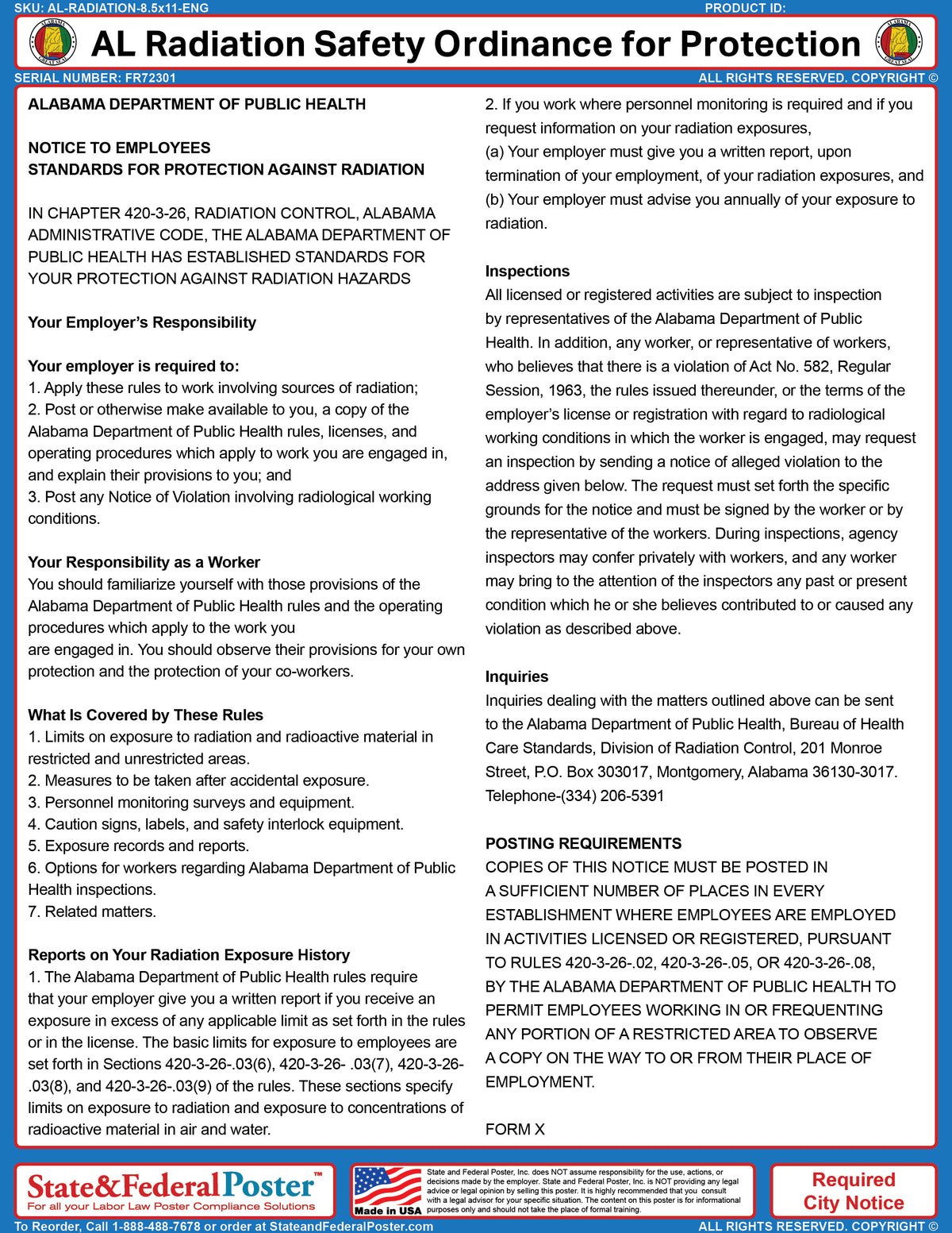 Alabama Radiation Safety Ordinance for Protection Poster — State and ...