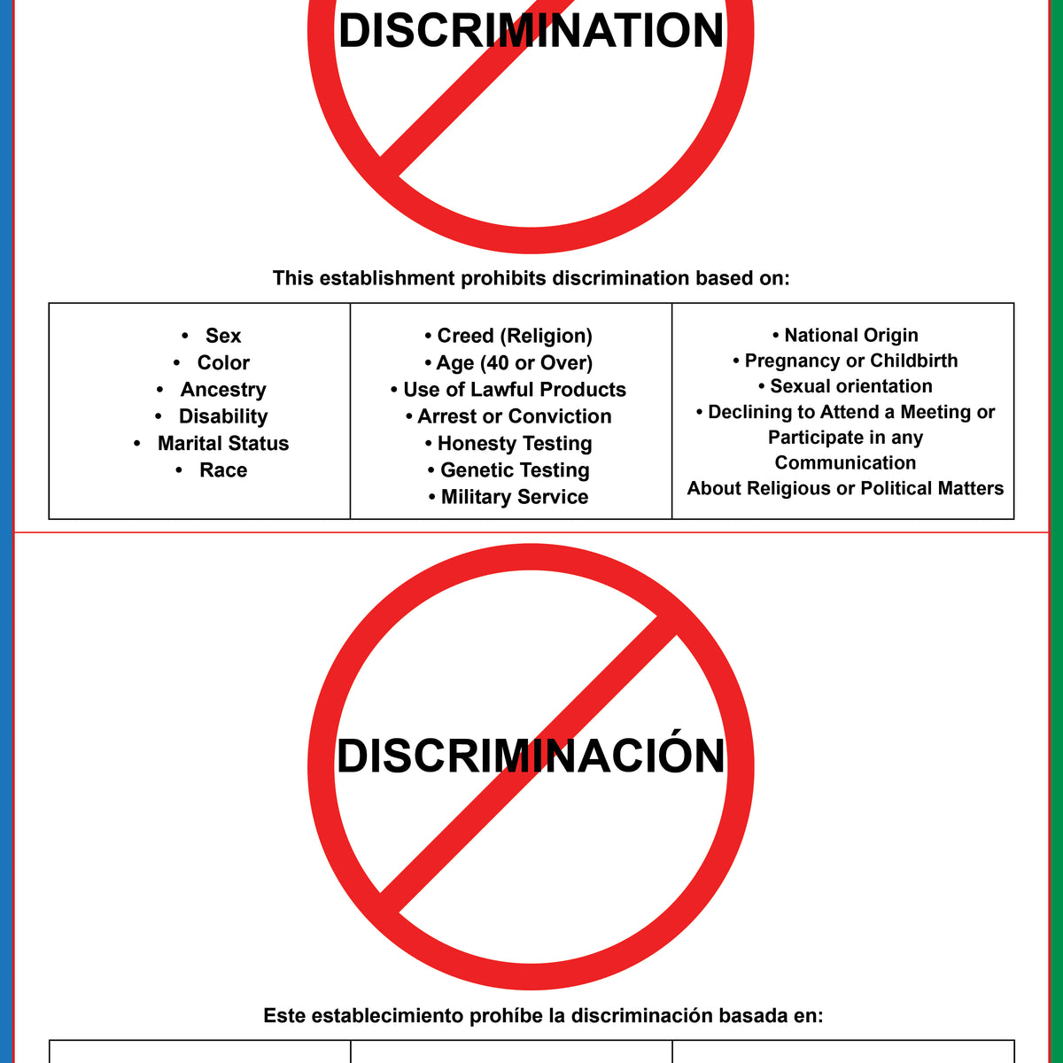 Anti-Discrimination Poster (Bilingual) — State and Federal Poster