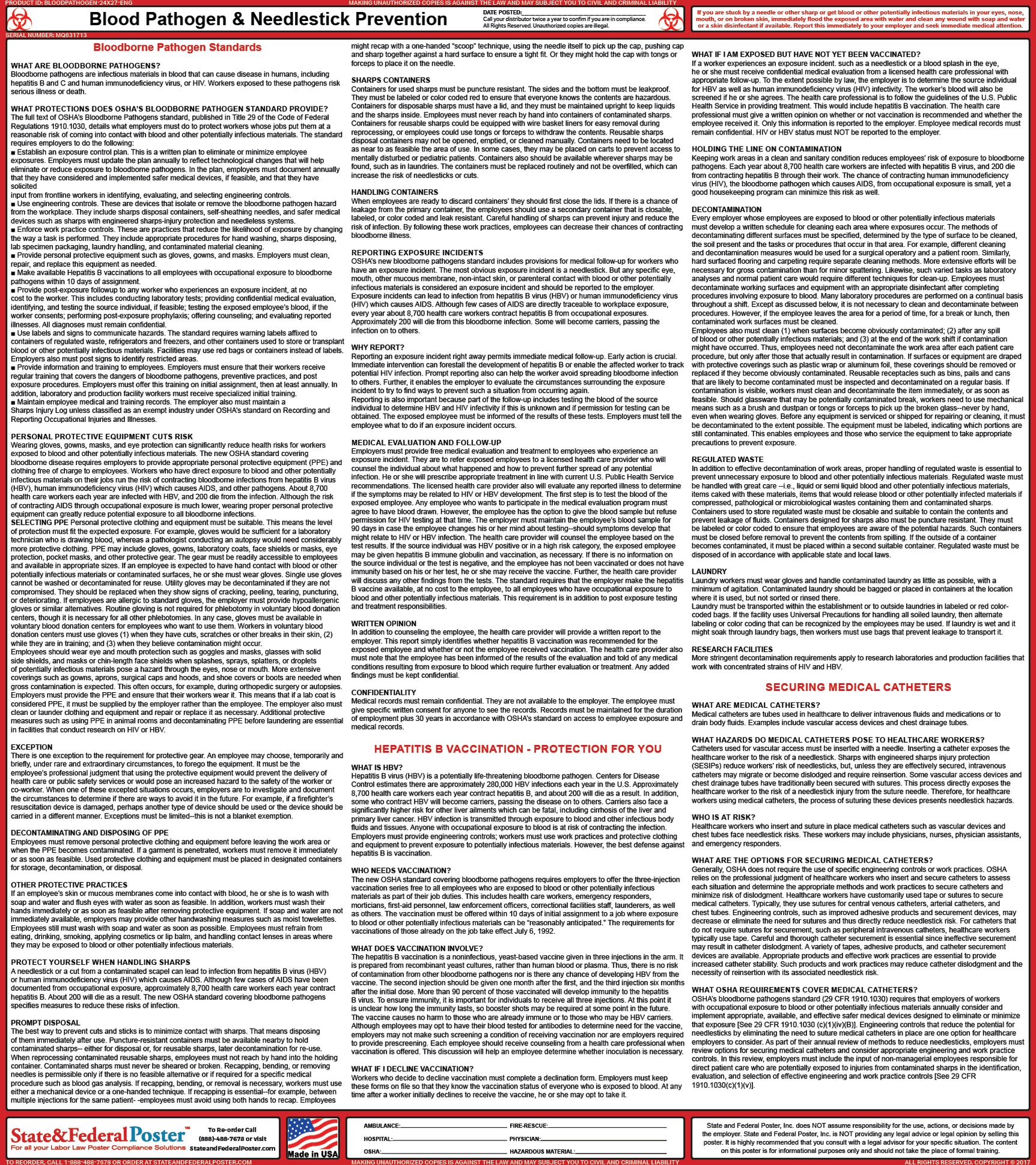 Bloodborne Pathogens and Needlestick Prevention Poster — State and ...