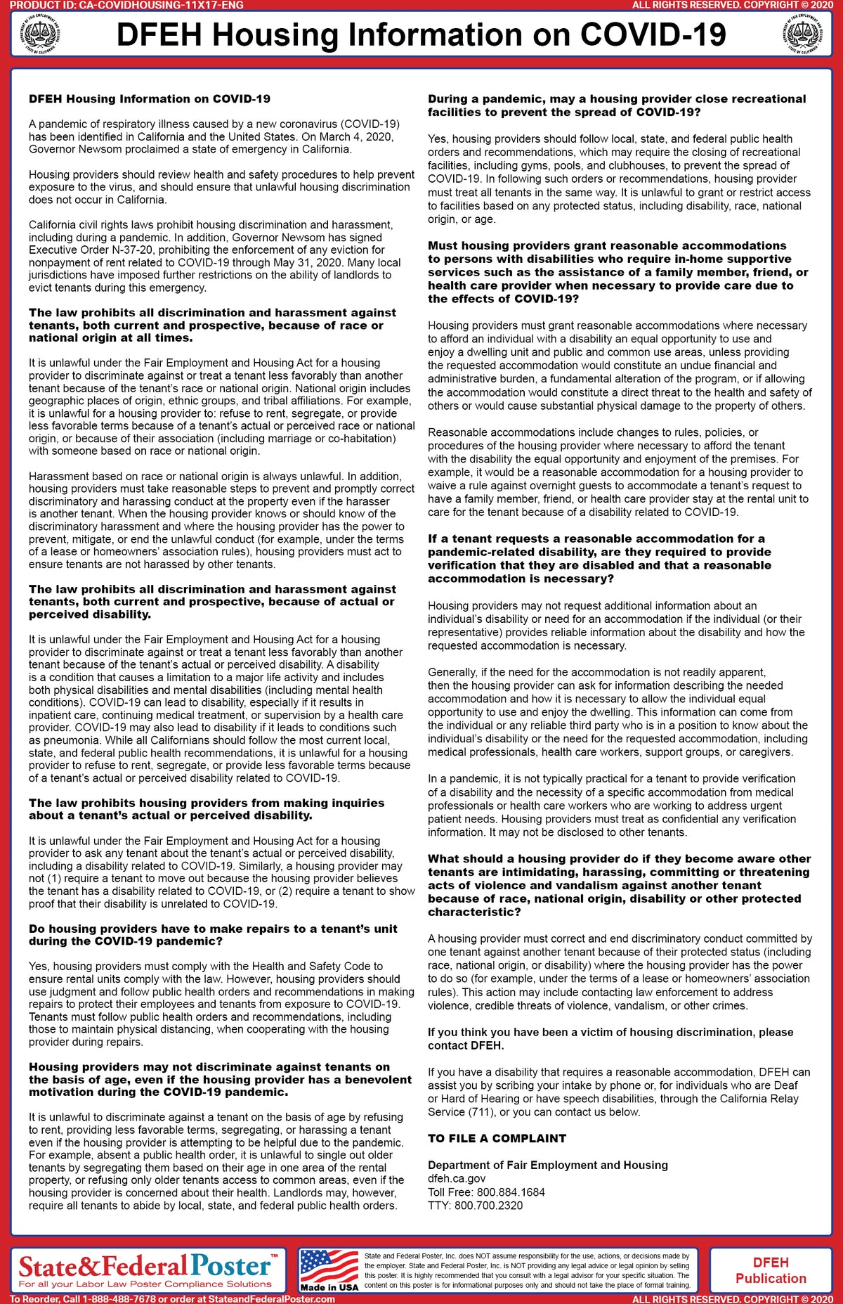 DFEH Housing Information on COVID-19 — State and Federal Poster