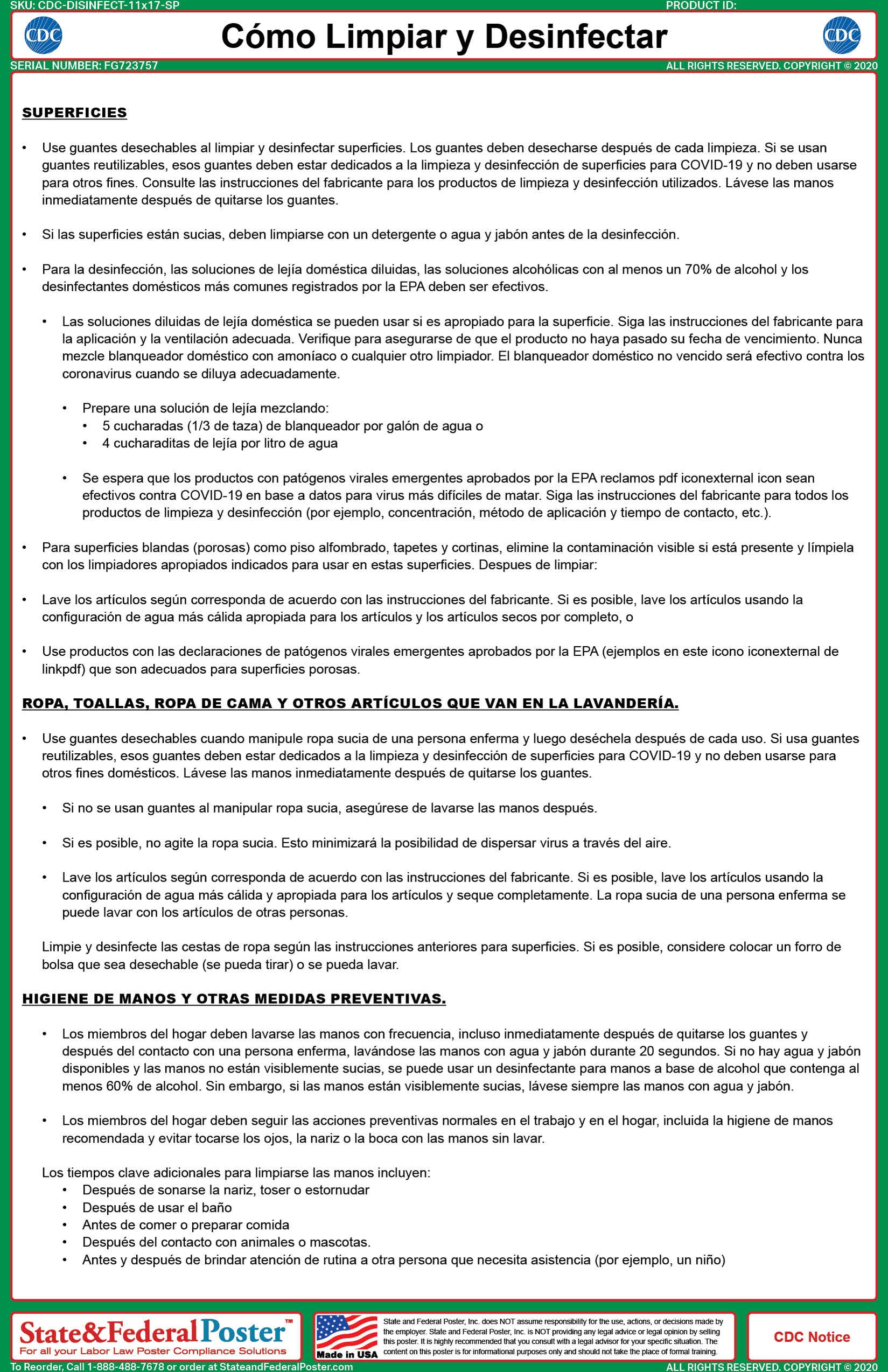 CDC - How To Clean & Disinfect — State and Federal Poster