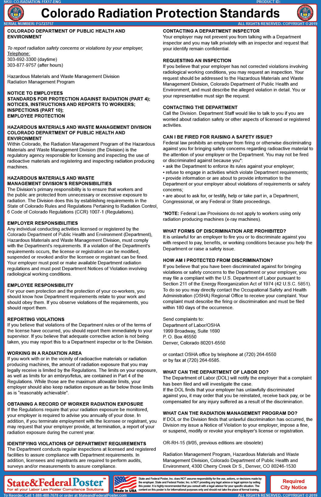 Colorado Radiation Protection Standards — State and Federal Poster