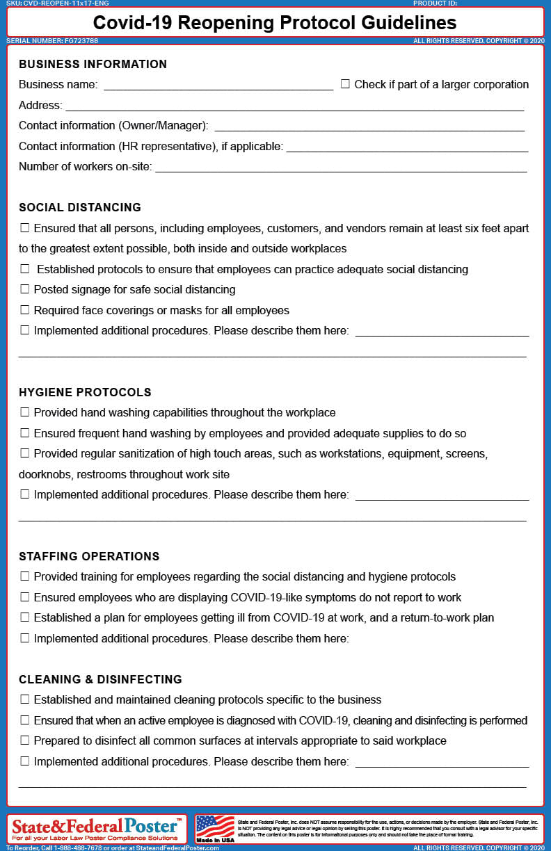Covid-19 Reopening Protocol Guidelines — State and Federal Poster