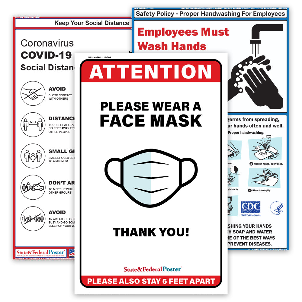 Covid-19 Safety Poster Set (3 Posters) — State and Federal Poster