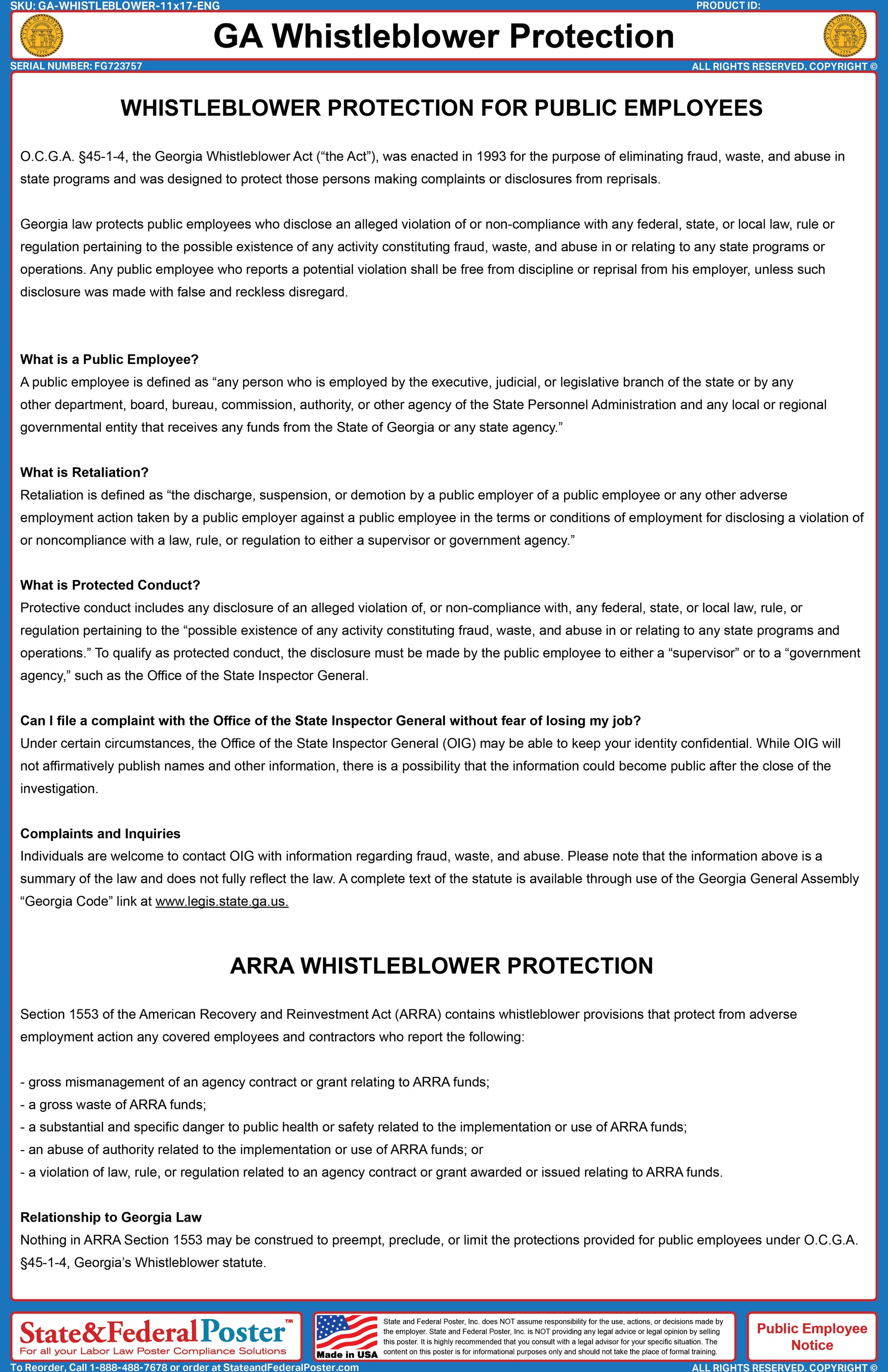 Georgia Whistleblower Protection Act Poster — State and Federal Poster