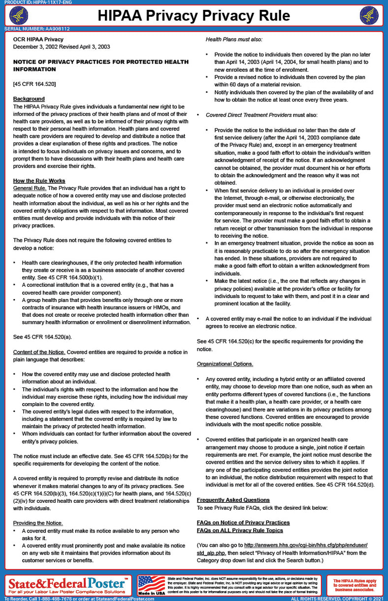 HIPAA Privacy Rule Poster — State and Federal Poster