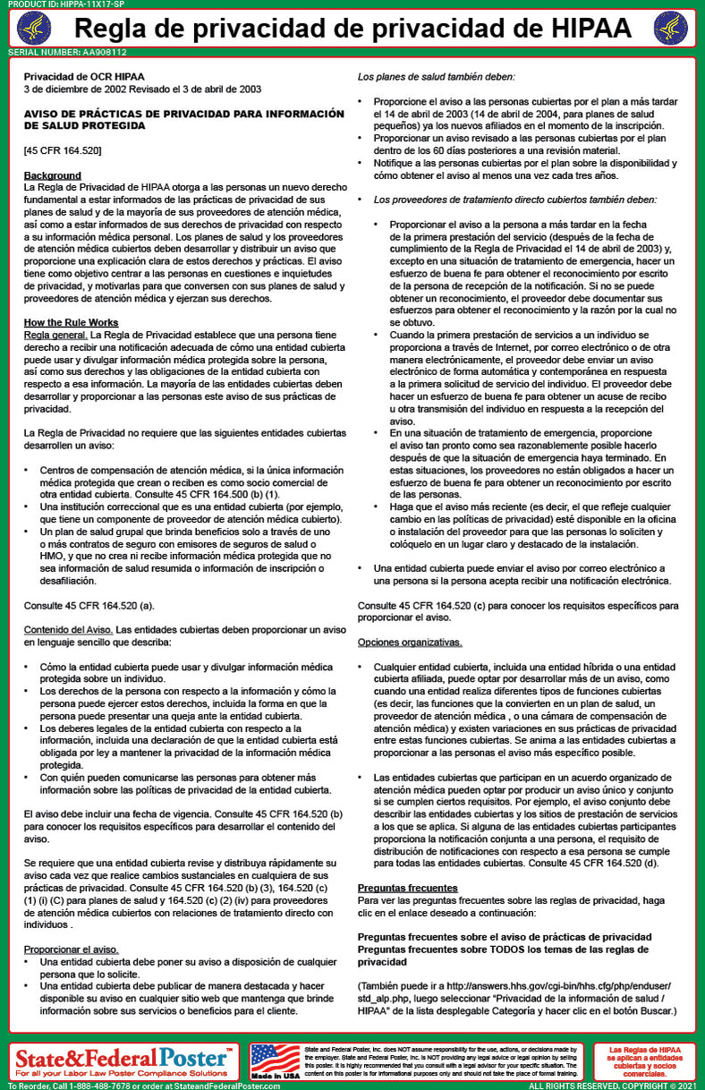 HIPAA Privacy Rule Poster — State and Federal Poster