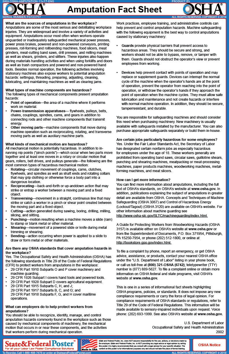 OSHA Amputation Fact Sheet — State and Federal Poster