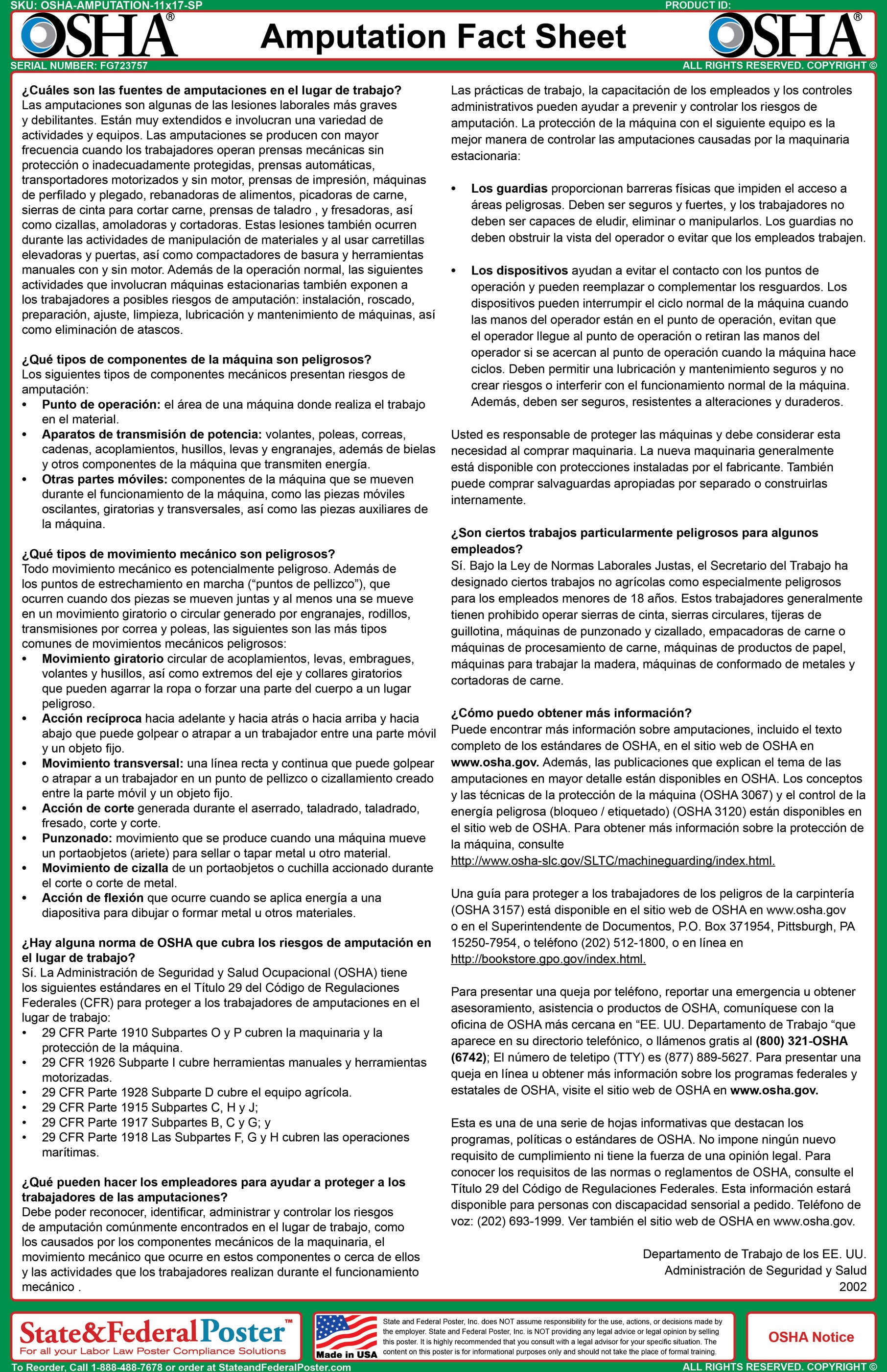 OSHA Amputation Fact Sheet — State and Federal Poster
