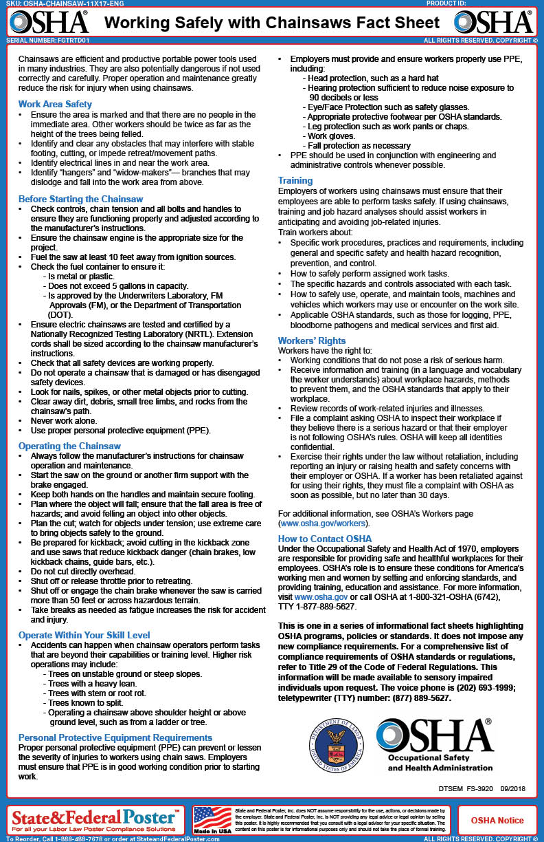 OSHA Working Safely with Chainsaws Fact Sheet — State and Federal Poster