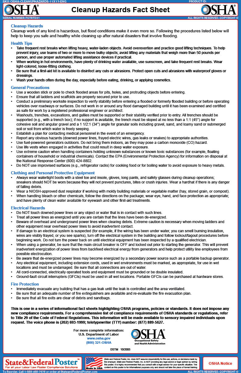 OSHA Cleanup Hazards Fact Sheet — State and Federal Poster