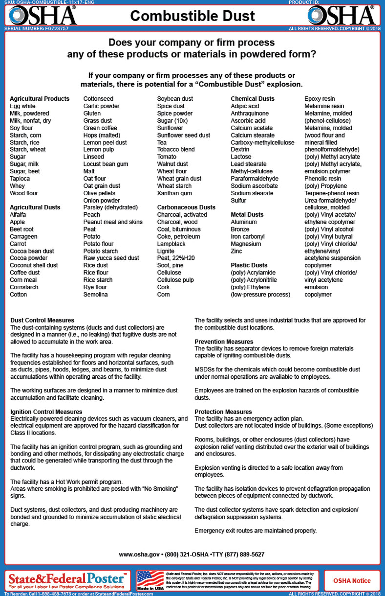 OSHA Combustible Dust Fact Sheet — State and Federal Poster