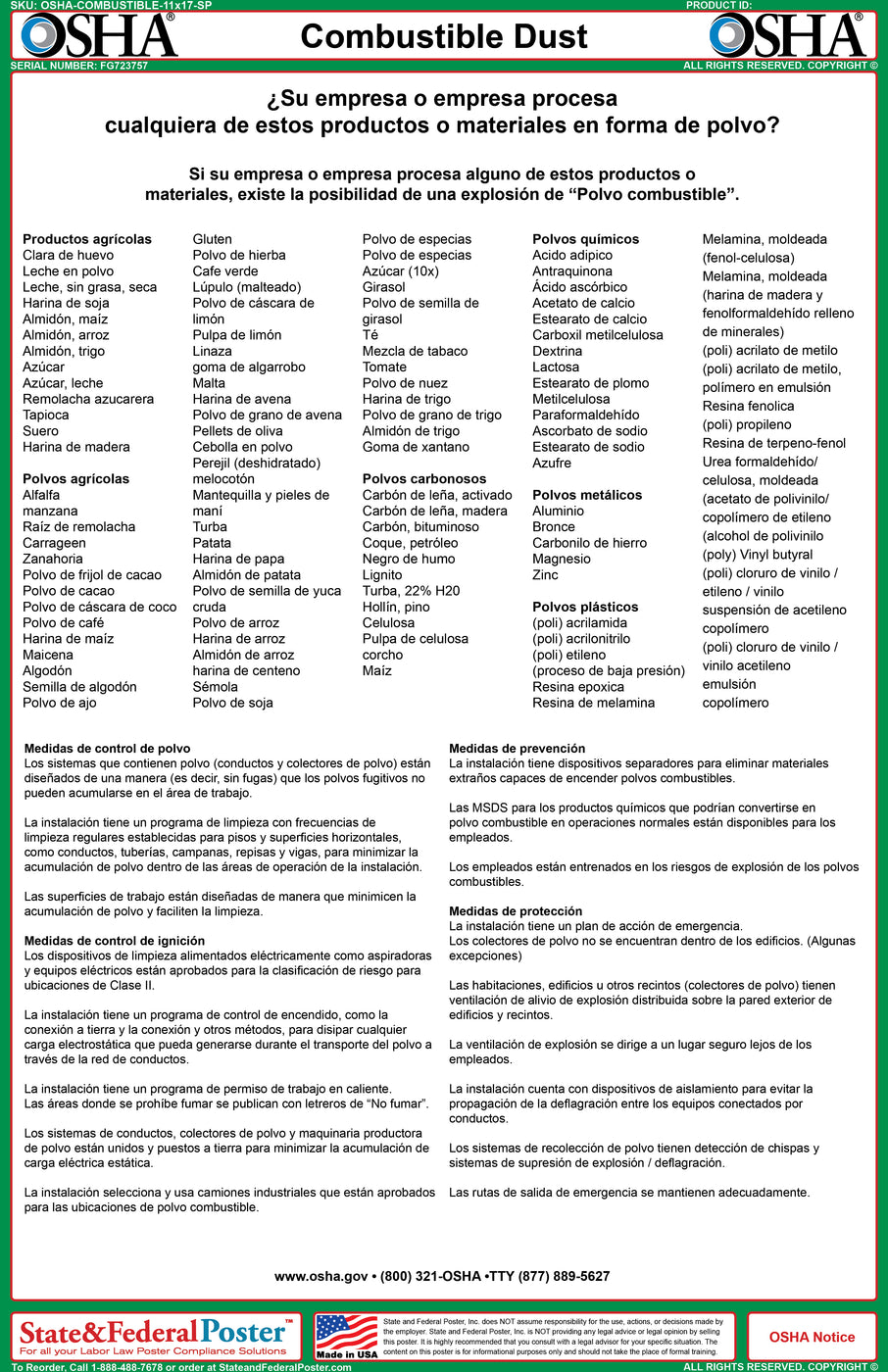 OSHA Combustible Dust Fact Sheet — State and Federal Poster