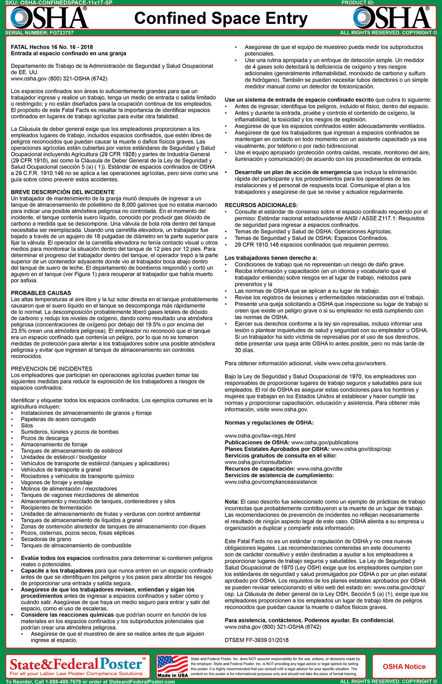 OSHA Confined Space Fact Sheet — State and Federal Poster