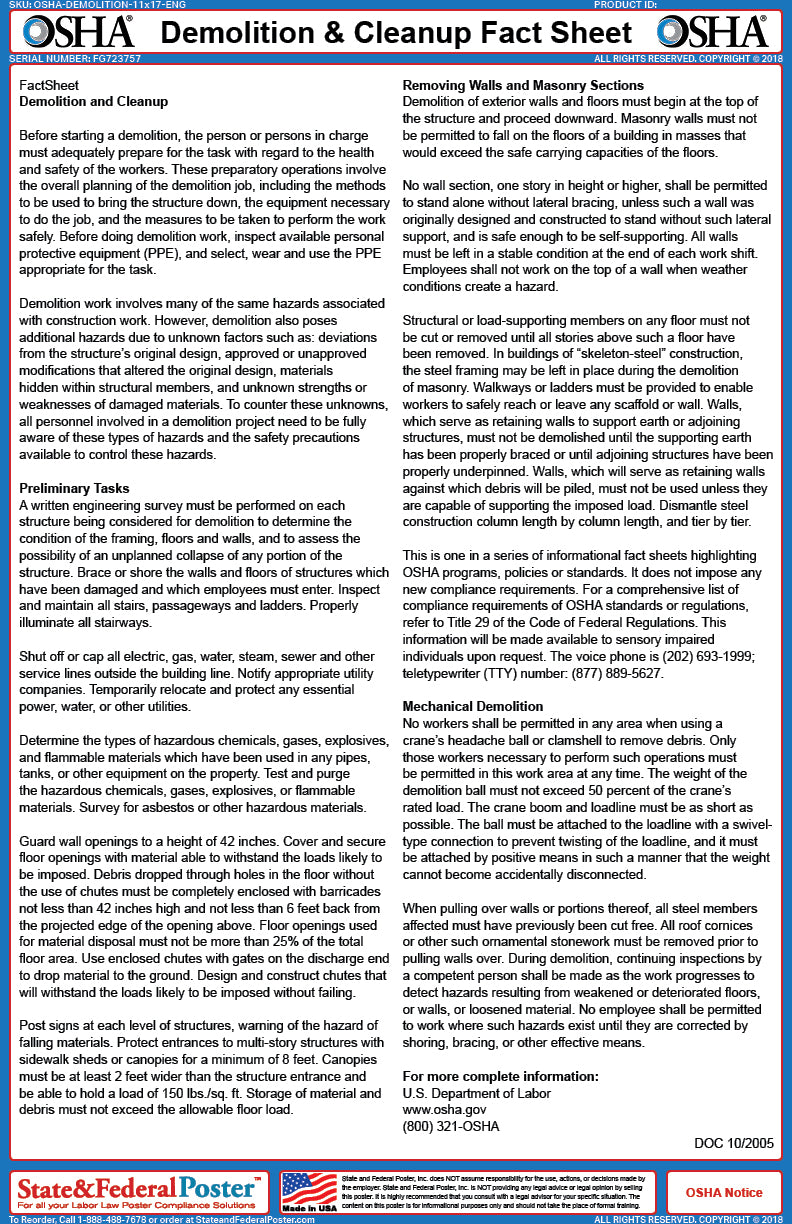 OSHA Demolition & Cleanup Fact Sheet — State and Federal Poster