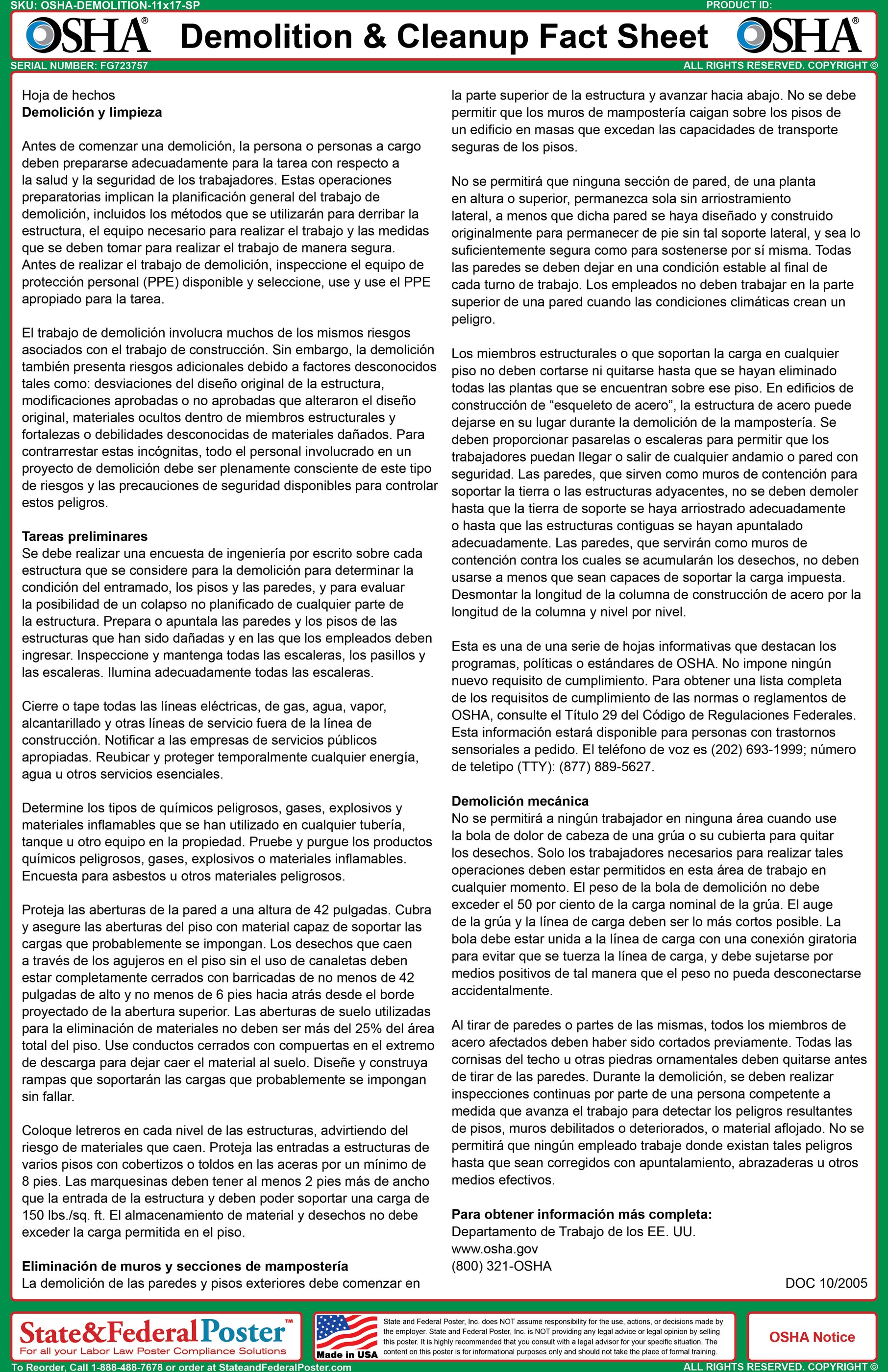 OSHA Demolition & Cleanup Fact Sheet — State and Federal Poster