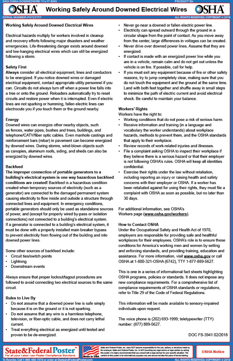 OSHA Downed Electrical Wires Fact Sheet — State and Federal Poster