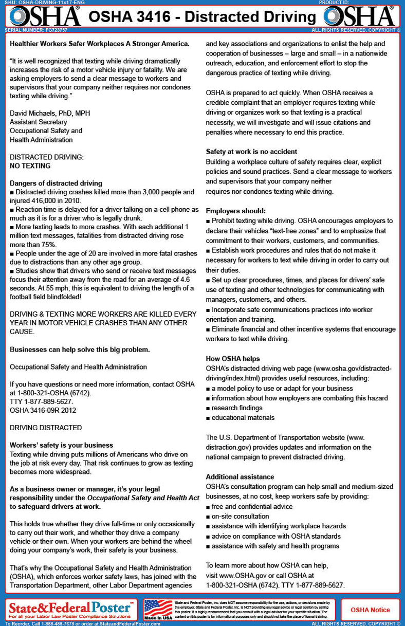 OSHA Distracted Driving Fact Sheet — State and Federal Poster
