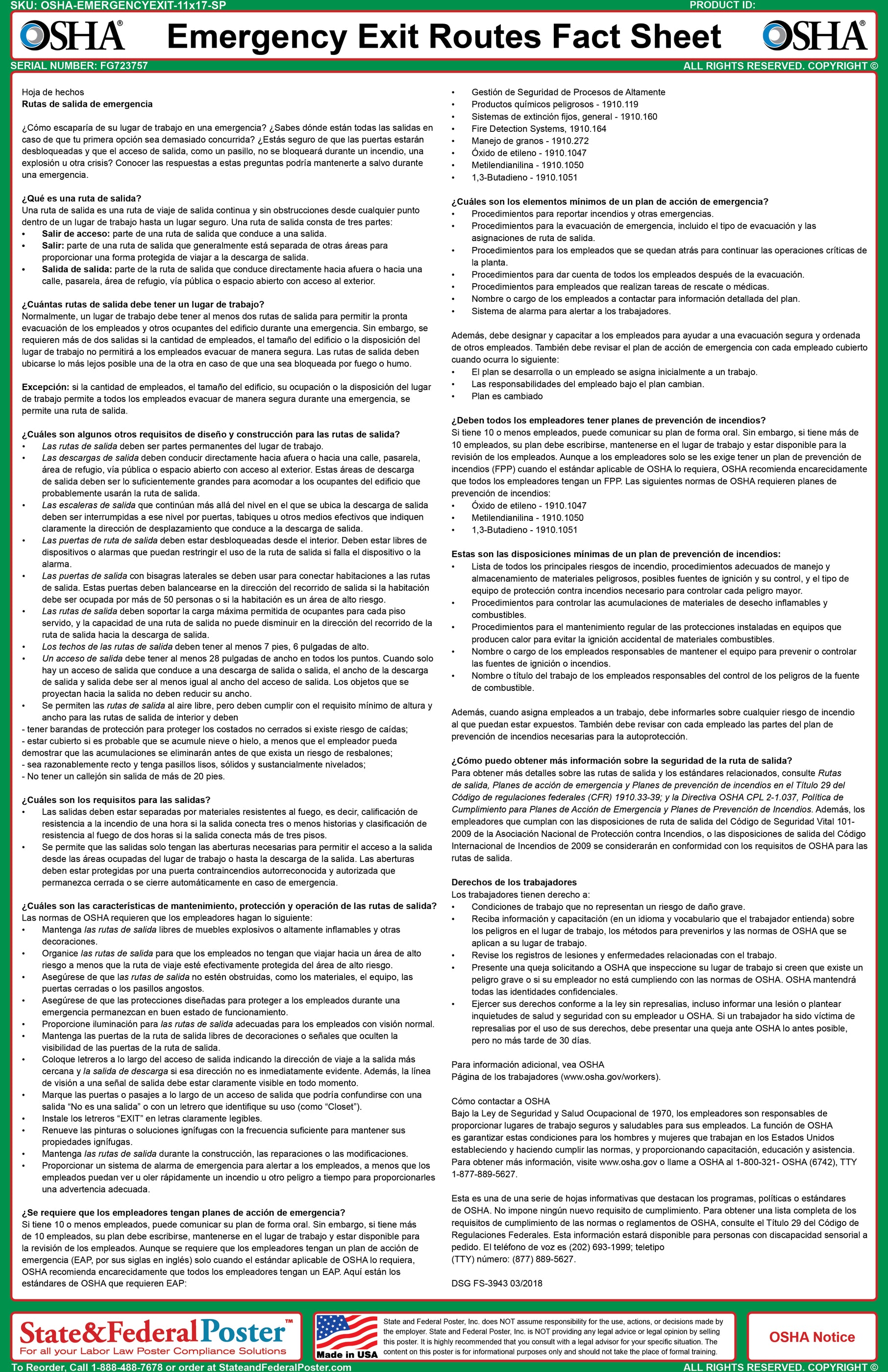 OSHA Emergency Exit Routes Fact Sheet — State and Federal Poster