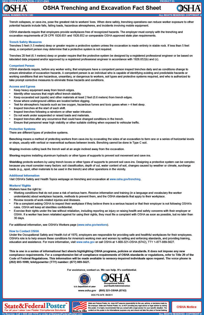 OSHA Trenching and Excavation Fact Sheet — State and Federal Poster