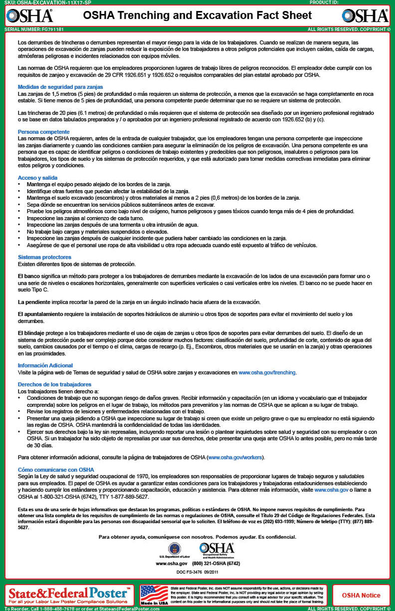OSHA Trenching and Excavation Fact Sheet — State and Federal Poster