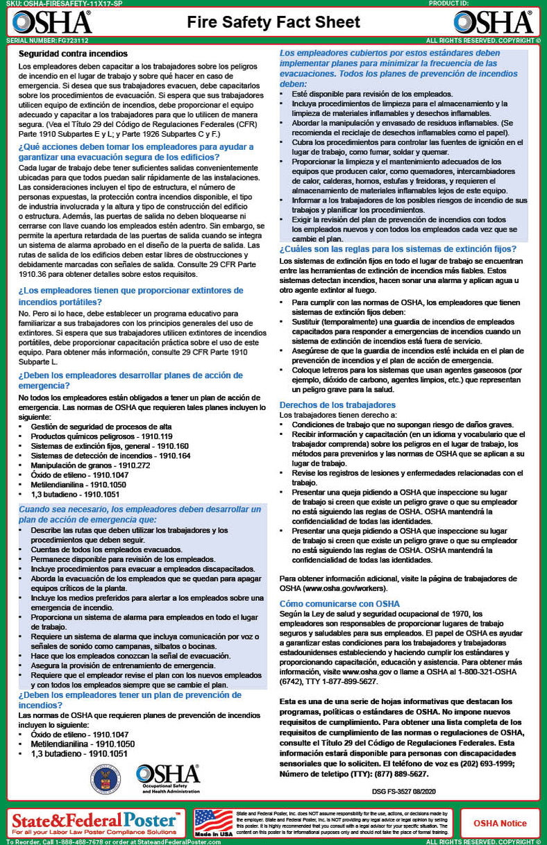 OSHA Fire Safety Fact Sheet — State and Federal Poster