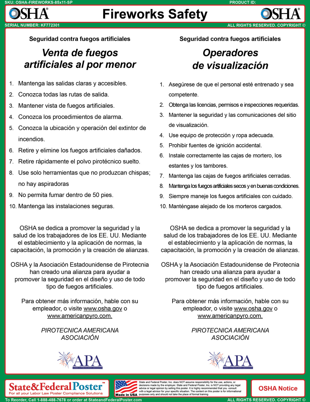 OSHA Fireworks Safety Fact Sheet — State and Federal Poster