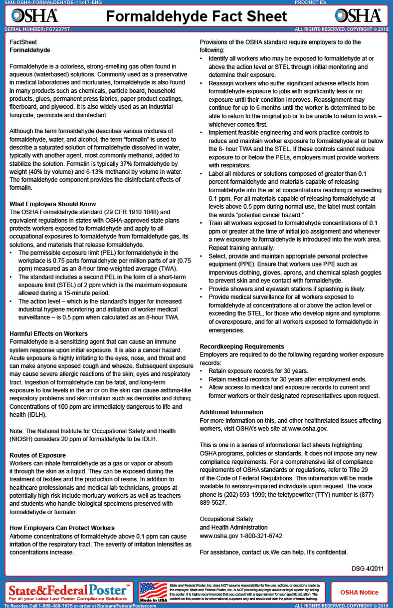 OSHA Formaldehyde Fact Sheet — State and Federal Poster