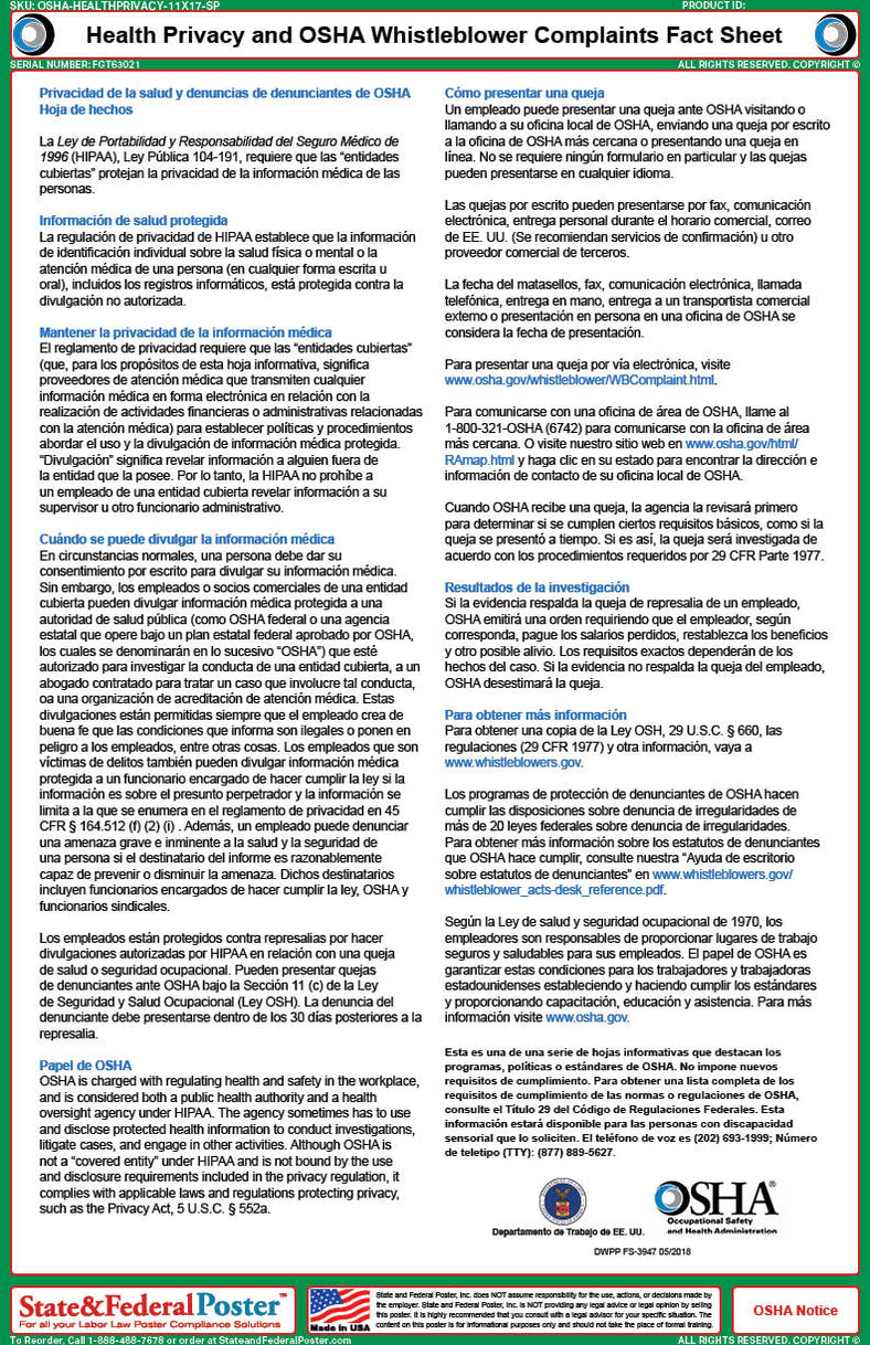 OSHA Health Privacy and OSHA Whistleblower Complaints Fact Sheet ...