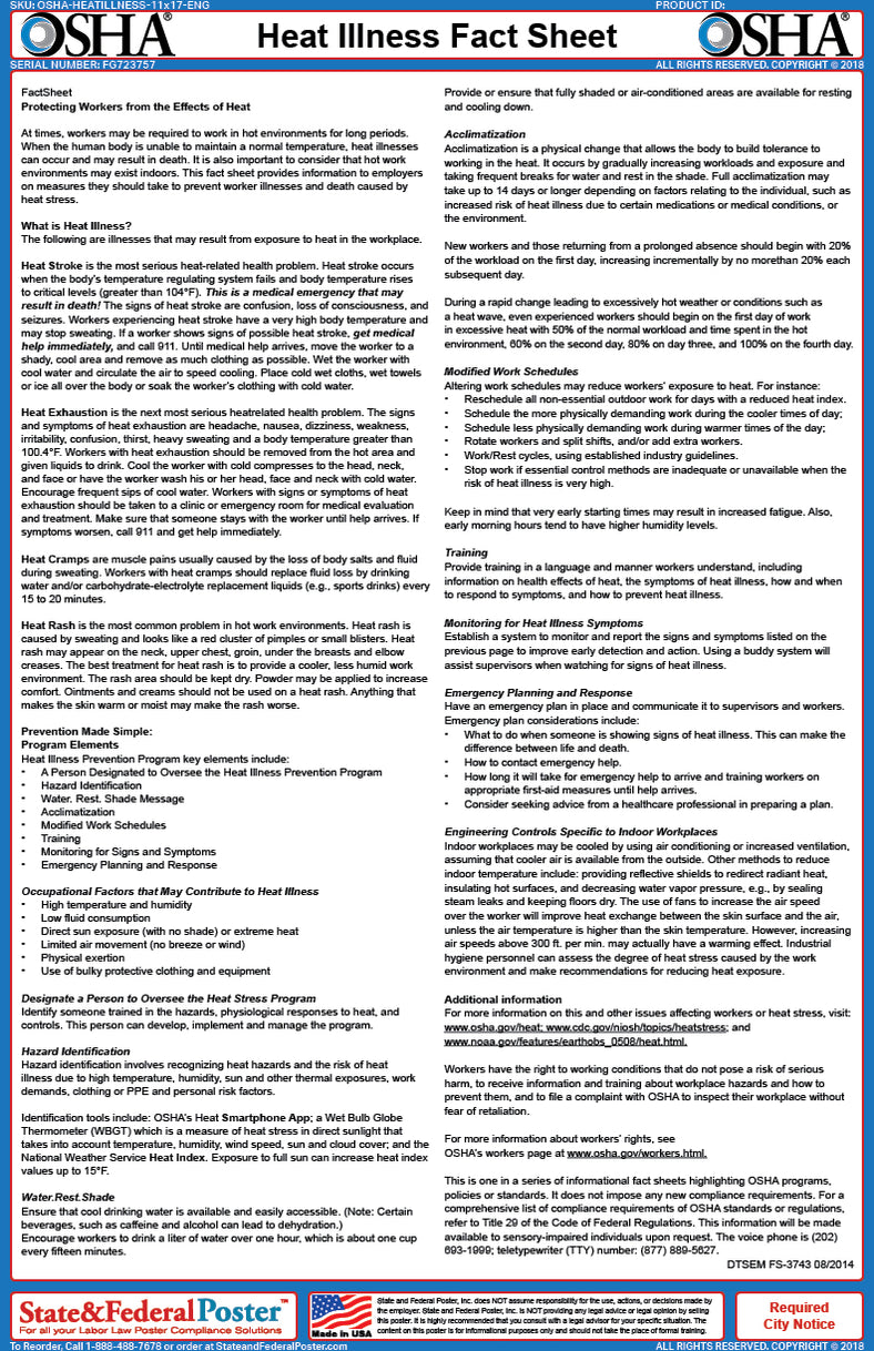 OSHA Heat Illness Fact Sheet — State and Federal Poster