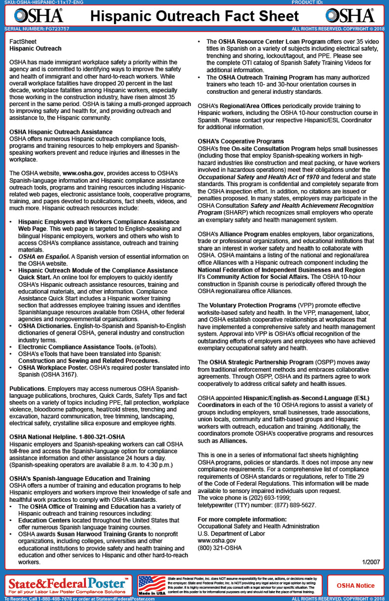 OSHA Hispanic Outreach Fact Sheet — State and Federal Poster