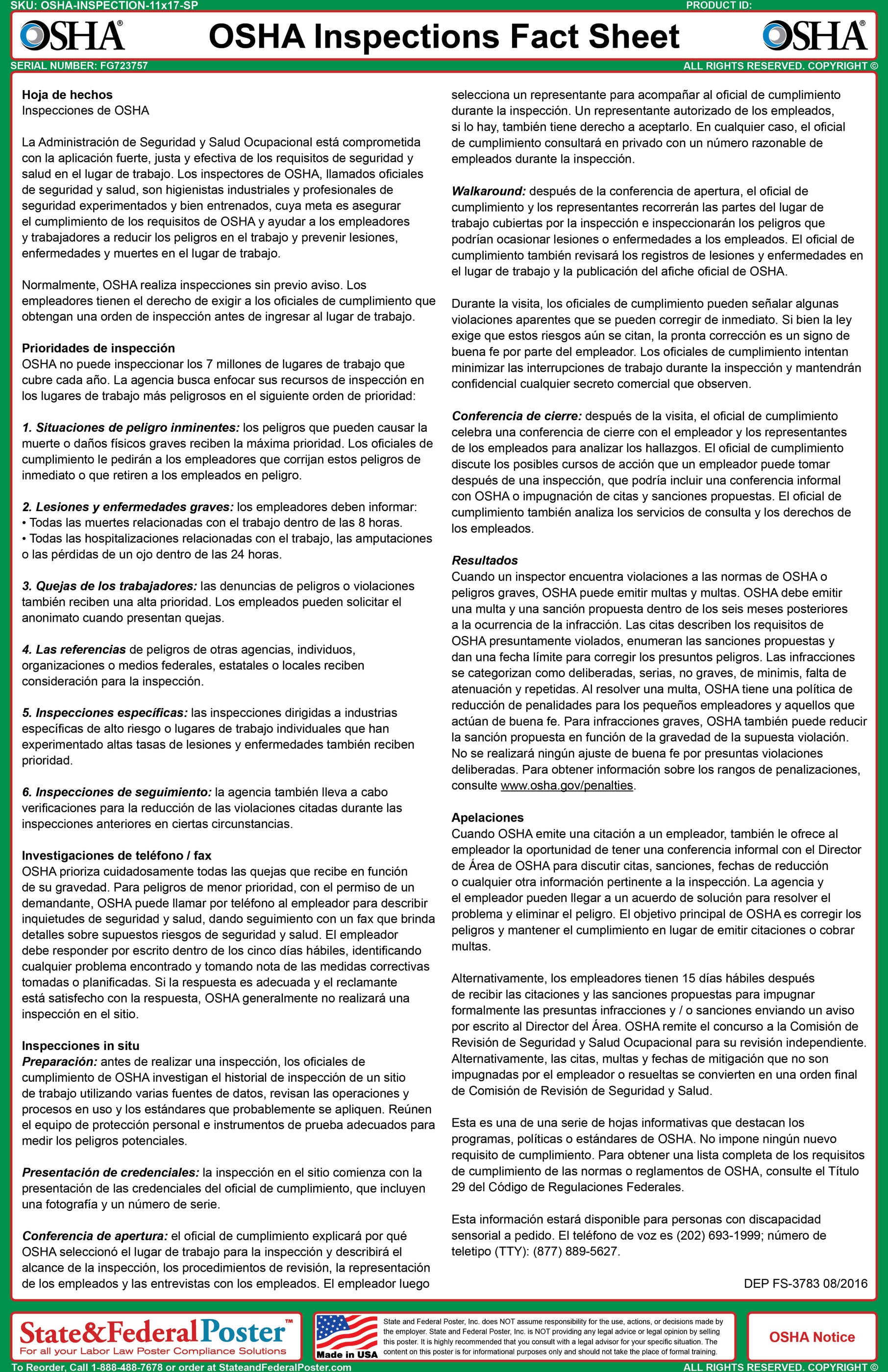OSHA Inspections Fact Sheet — State and Federal Poster