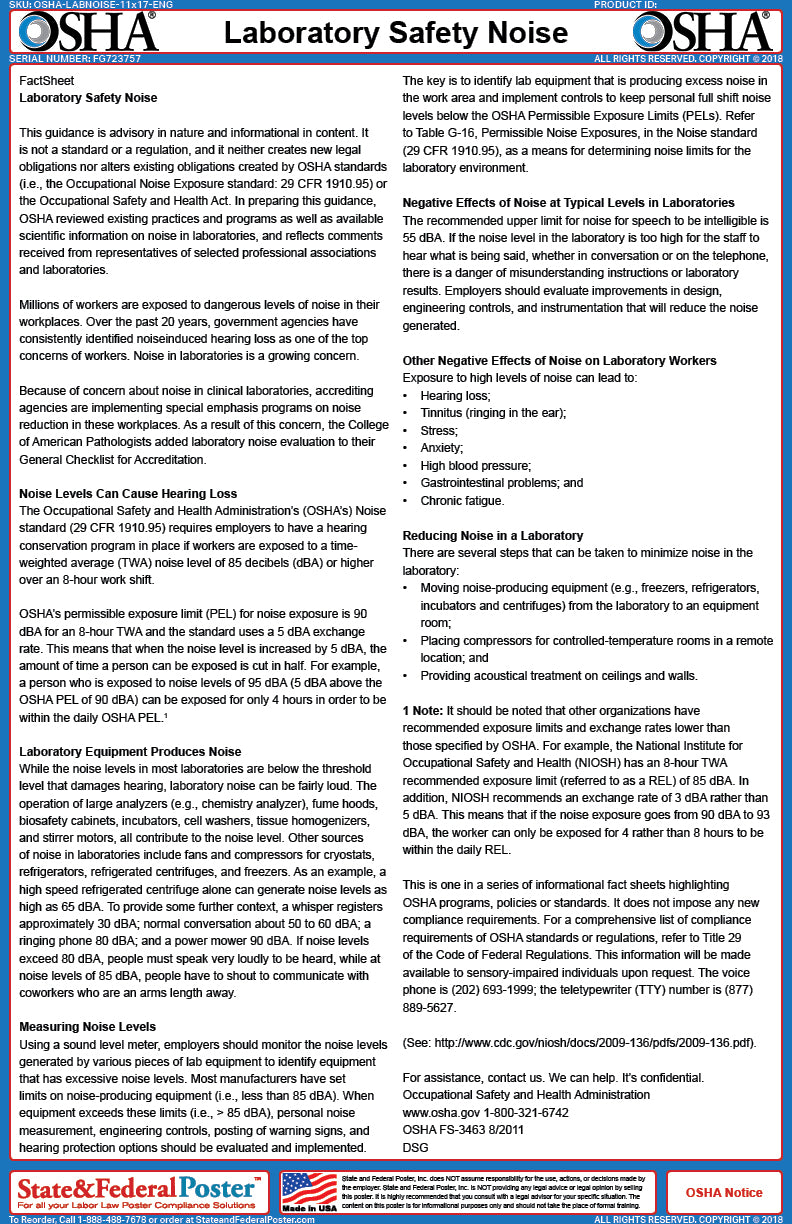 OSHA Laboratory Safety Noise Fact Sheet — State and Federal Poster