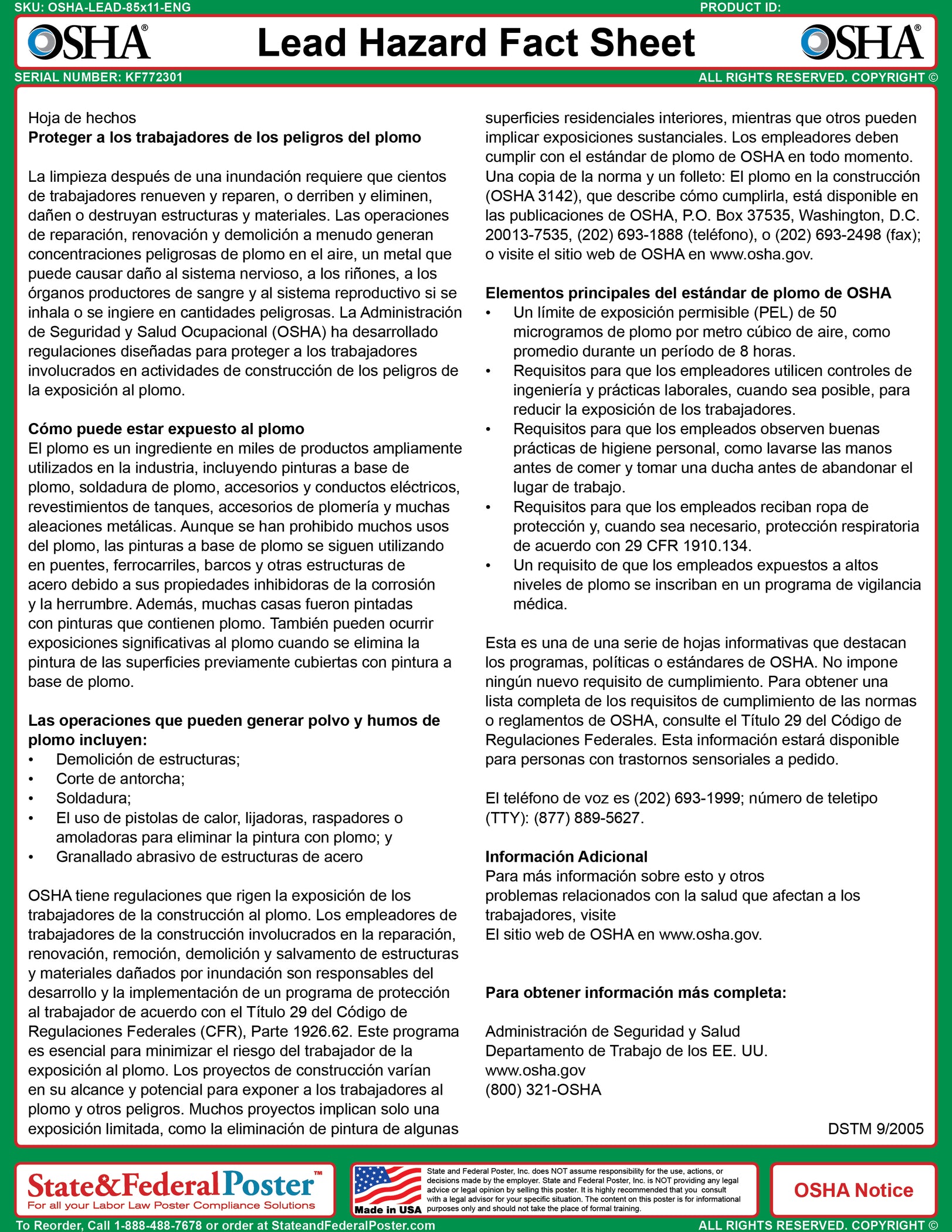 OSHA Lead Hazard Fact Sheet — State and Federal Poster