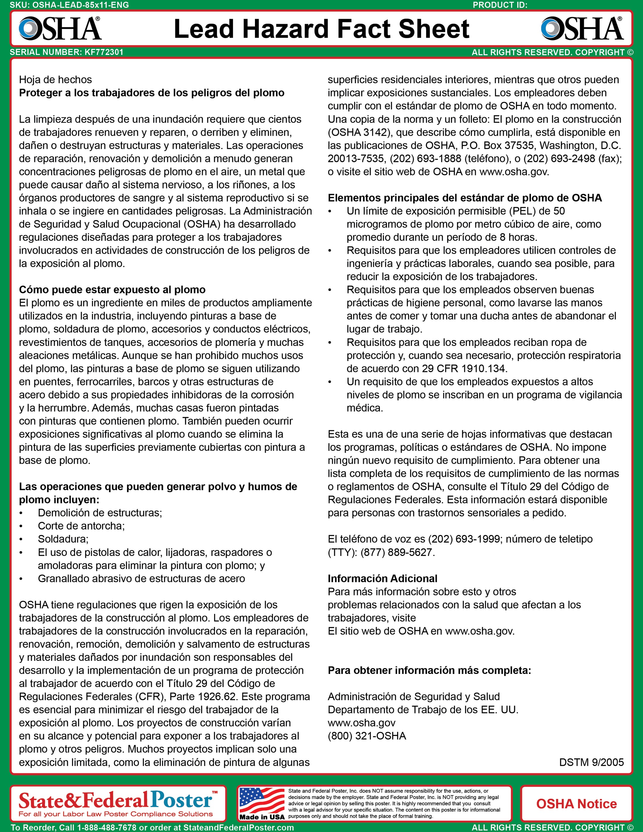 OSHA Lead Hazard Fact Sheet — State and Federal Poster