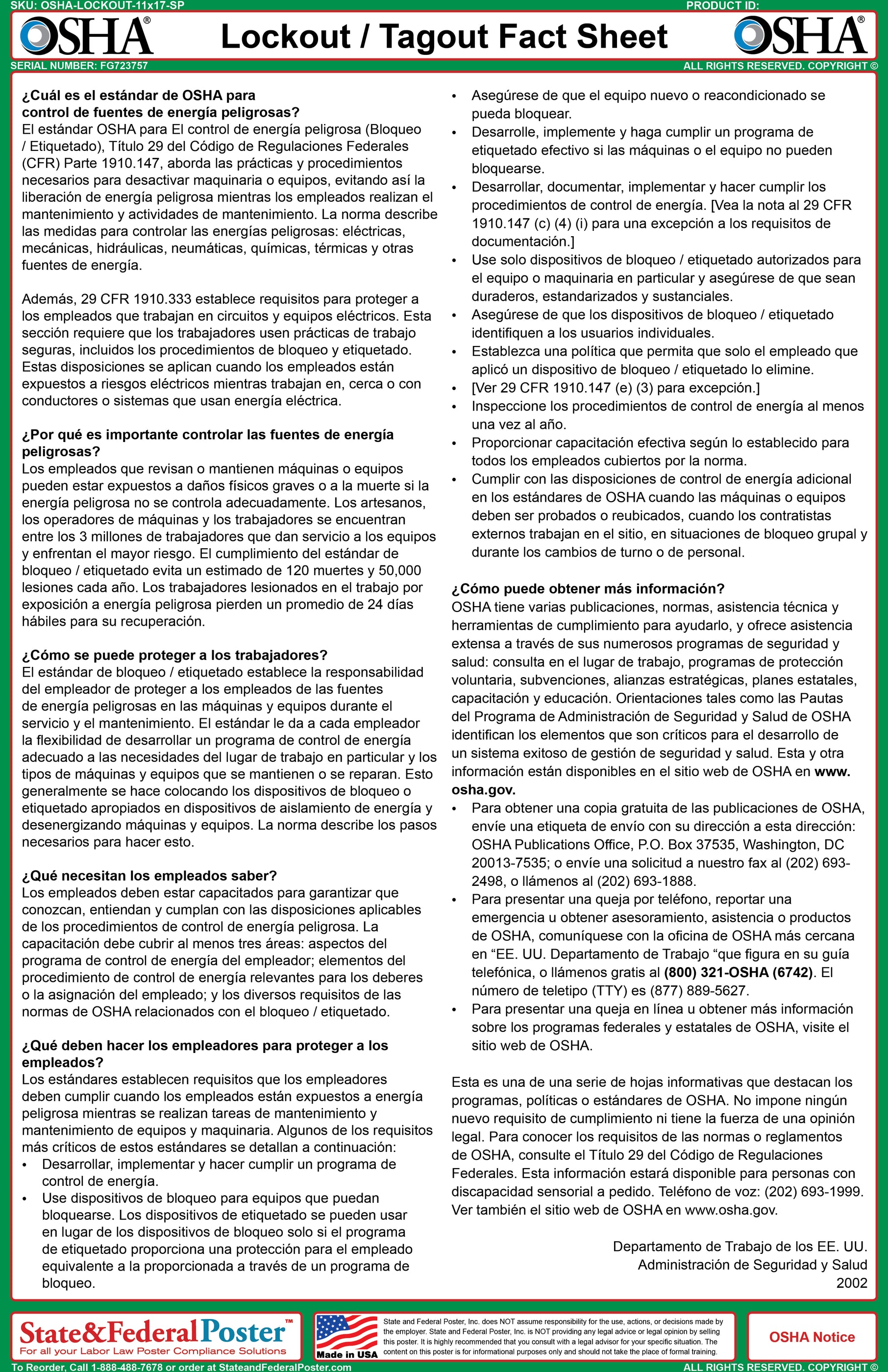 OSHA Lockout/Tagout Fact Sheet — State and Federal Poster