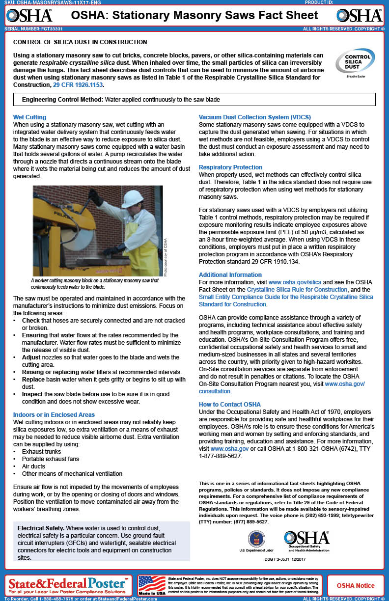 OSHA Stationary Masonry Saws Fact Sheet — State and Federal Poster