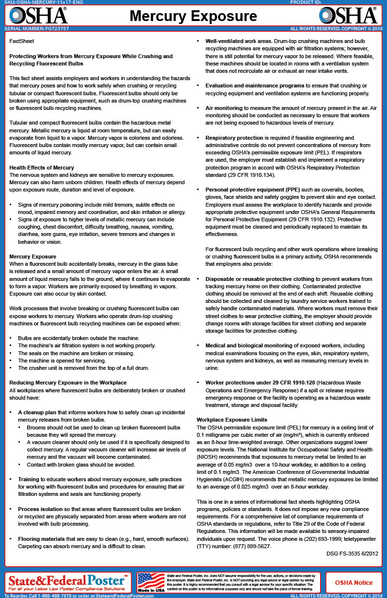 OSHA Mercury Exposure Fact Sheet — State and Federal Poster