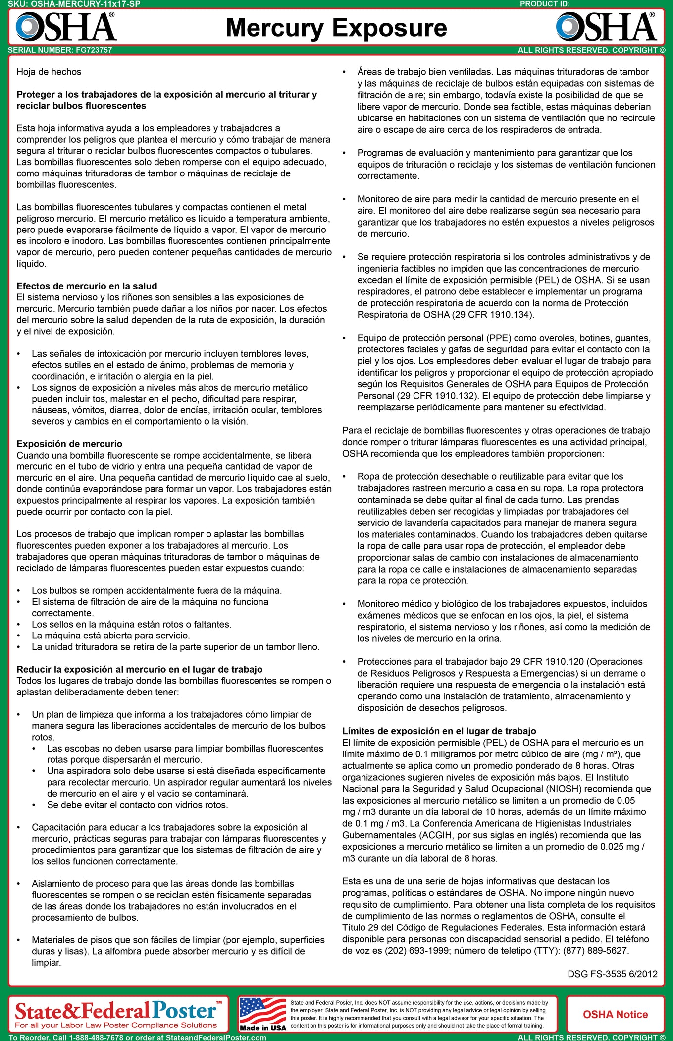 OSHA Mercury Exposure Fact Sheet — State and Federal Poster