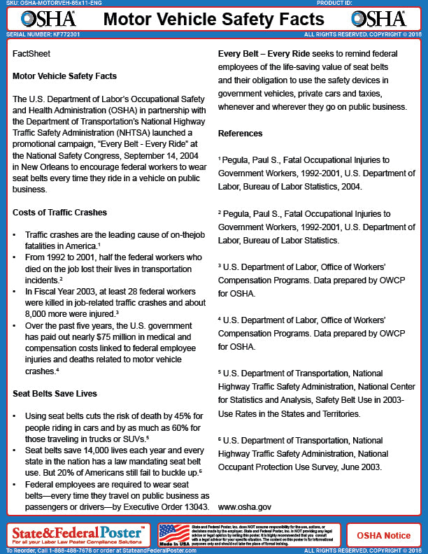 OSHA Motor Vehicle Safety Fact Sheet — State and Federal Poster