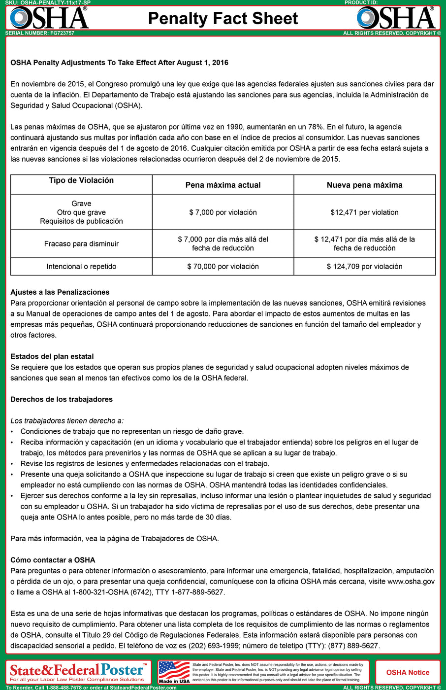 OSHA Penalty Fact Sheet — State and Federal Poster