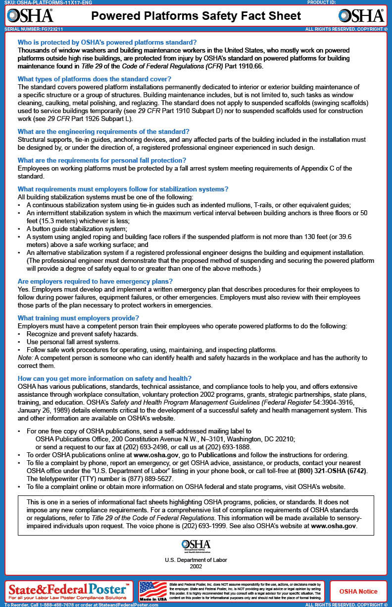 OSHA Powered Platforms Safety Fact Sheet — State and Federal Poster